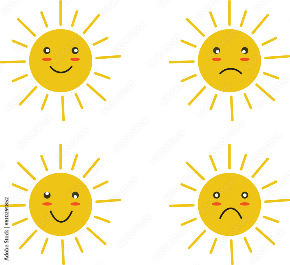 Sunshine emoji, cute smiling faces. Summer sunlight emoticons and ...