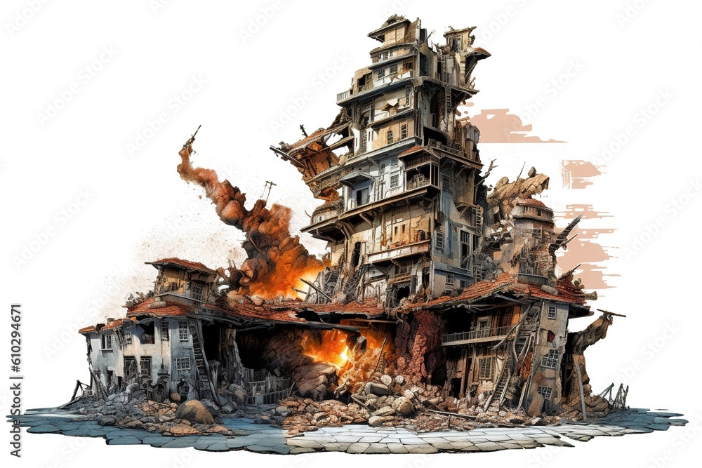 building destruction isolated on white background. Generated by AI ...