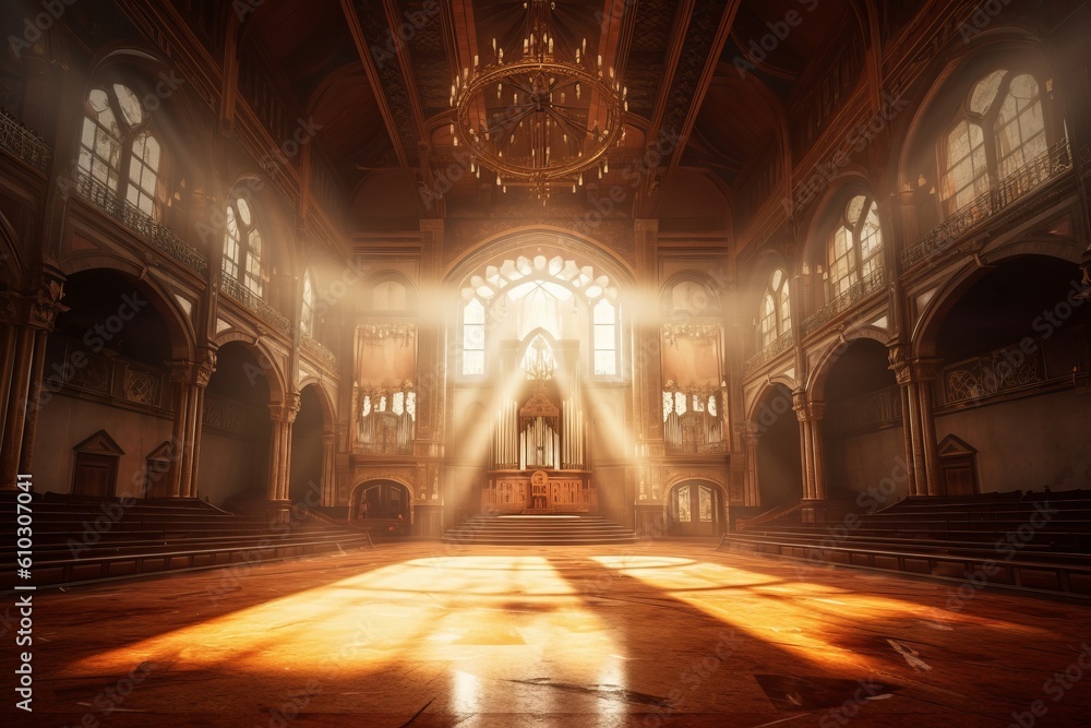 Detailed Church room hall, chapel, prayer, God rays, light rays ...