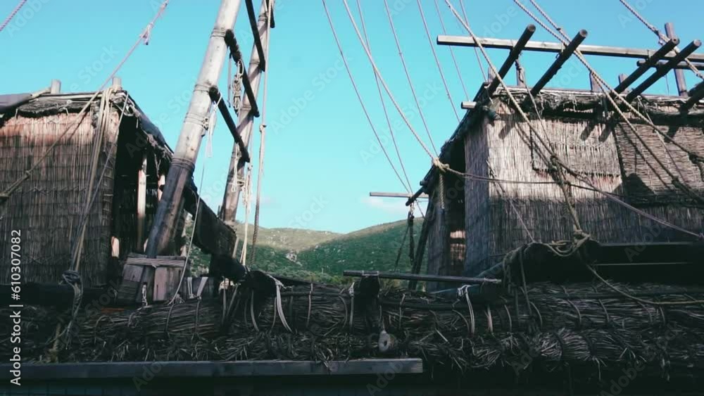 Ancient ship on display in an open-air museum, a restored old vessel ...