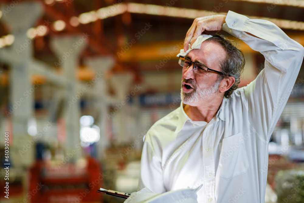 boss manager engineer with helmet tired in construction factory heavy ...