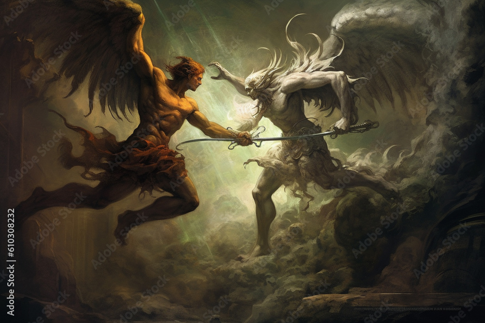 Battle between an angel and a demon. This artwork brings to life the eternal struggle between ...