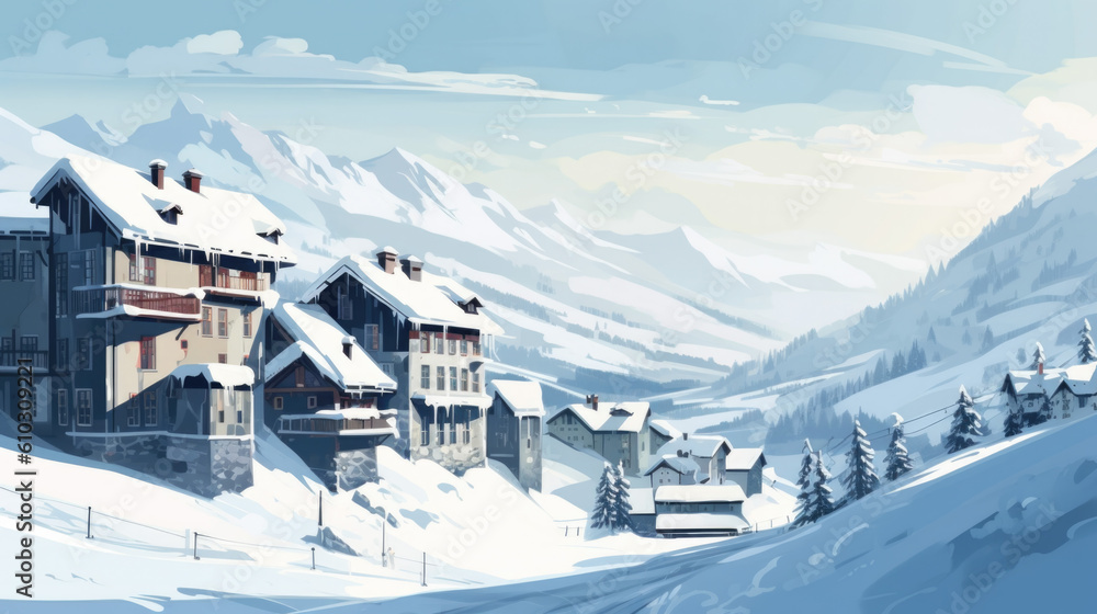 winter resort with lots of snow. ski and sledding holiday concept ...
