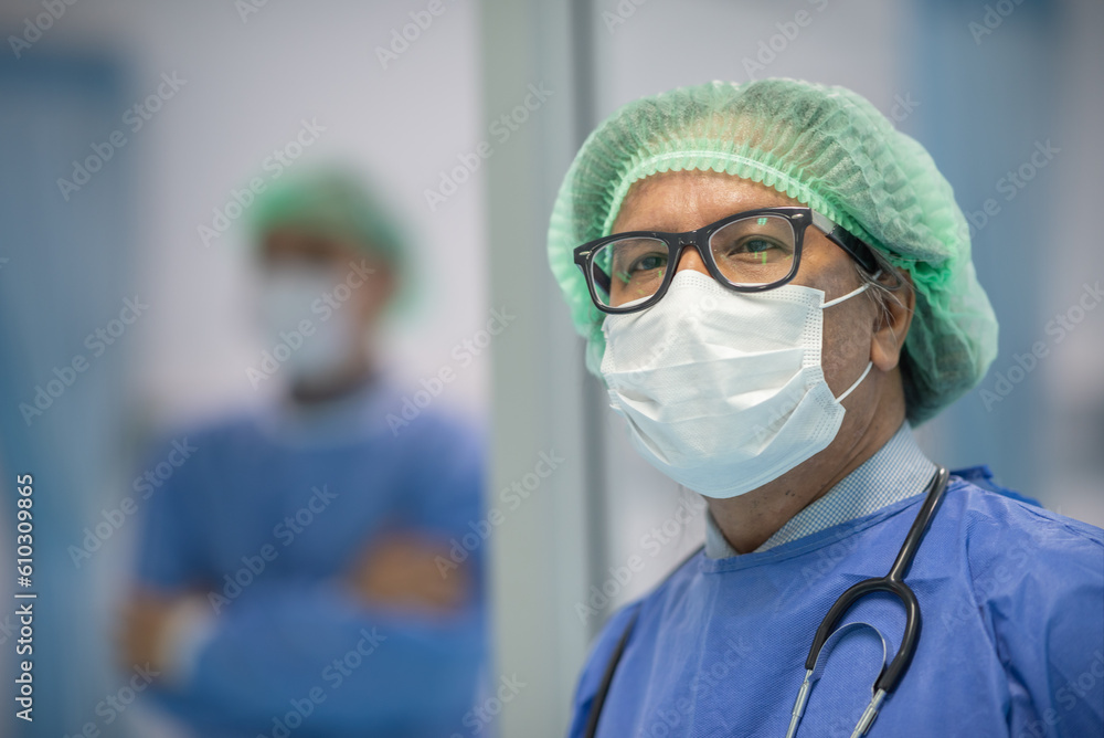 Multidisciplinary teamwork Three doctor portrait in green coat surgical ...