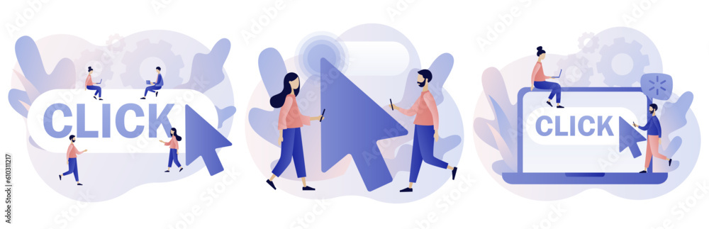 Click here button. Cursor pointer sign. Tiny people with huge mouse arrow click. Internet ...