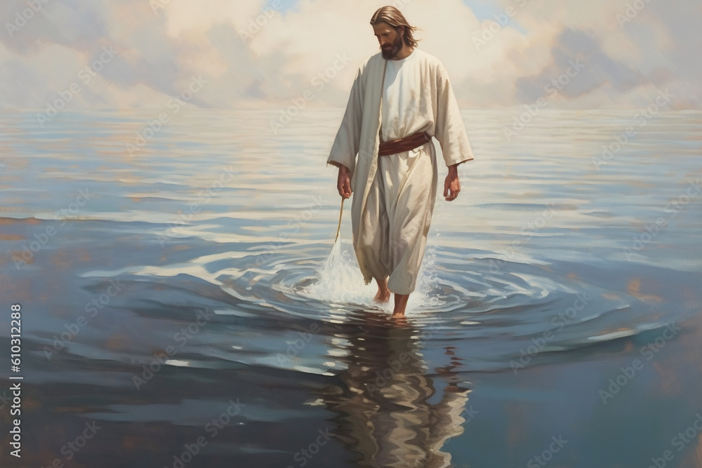 Jesus walking on the water. This artwork portrays the miraculous event ...