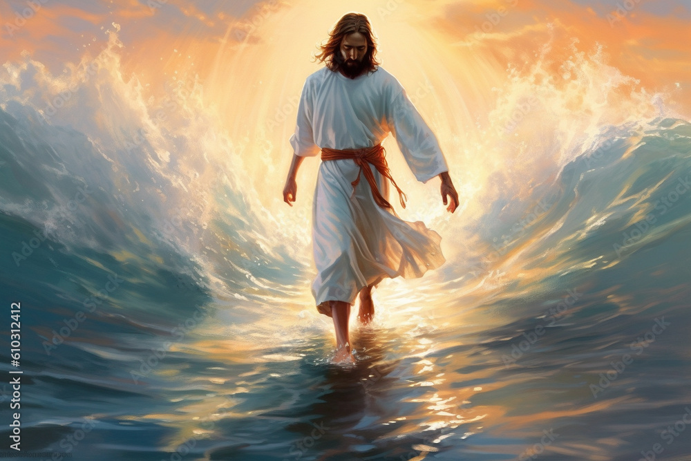Jesus walking on the water. This artwork portrays the miraculous event ...