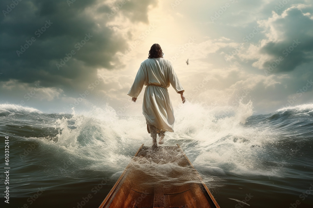 Jesus walking on the water. This artwork portrays the miraculous event ...