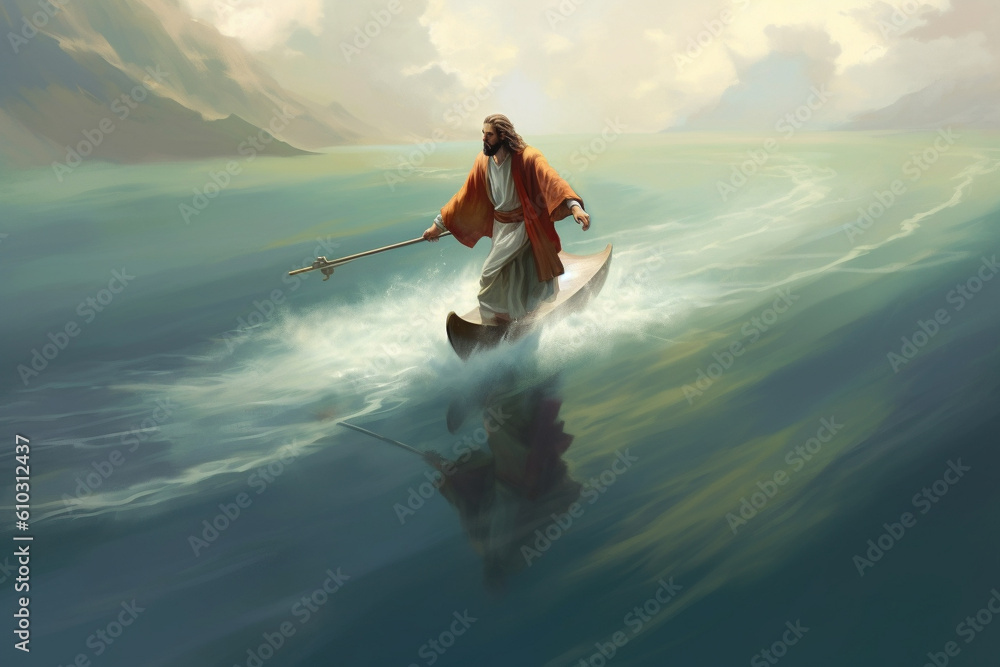 Jesus walking on the water. This artwork portrays the miraculous event ...