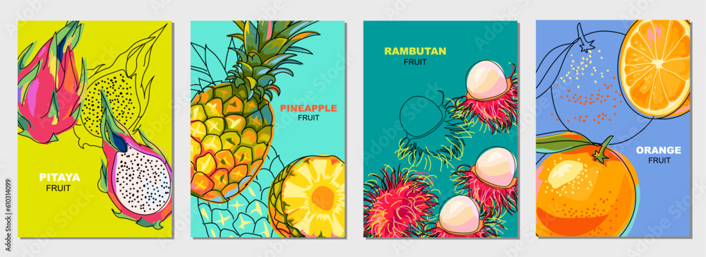 Posters with orange, pineapple, pitaya and rambutan fruits. Whole and ...