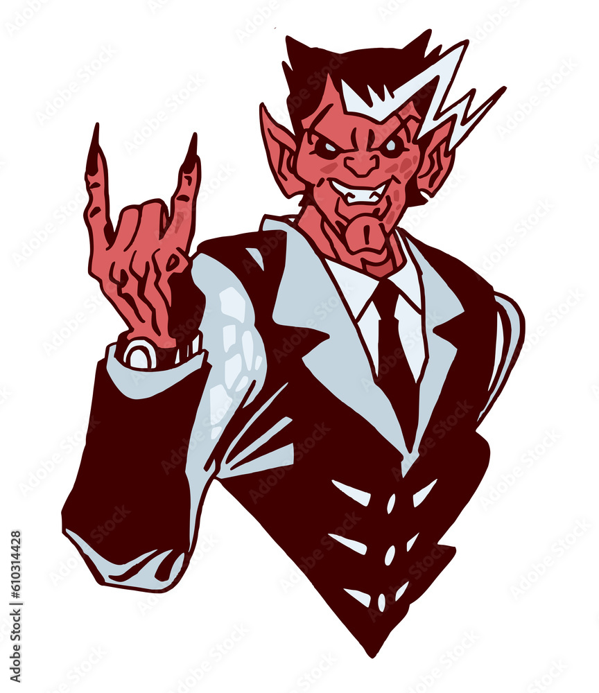 Illustration d'un démon rouge démoniaque, venant des enfers, en costume ...