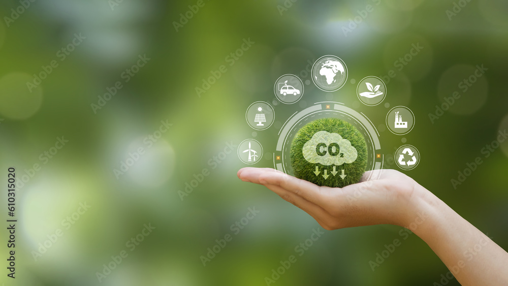 Hand of human holding green earth with Co2 icon, Reduce CO2 emissions ...