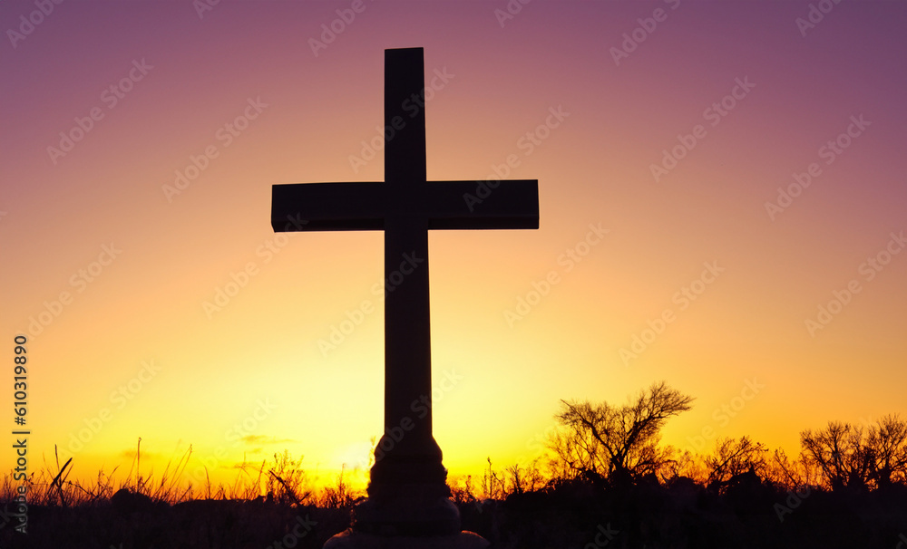 The cross standing on meadow sunset and flare background. Cross on a ...
