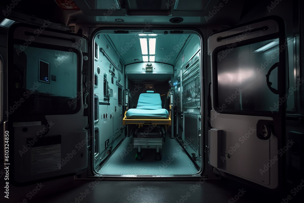View of compact ambulance van open doors. Emergency medical devices ...