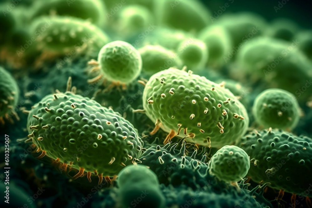 Close up macro shot of blue bacteria and virus cells in a scientific ...