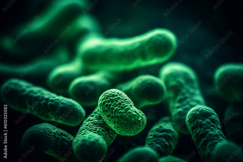 Macro close up shot of green bacteria and virus cells in a scientific ...