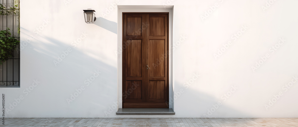 Front doors on street. Mockup with facade of a town building with ...