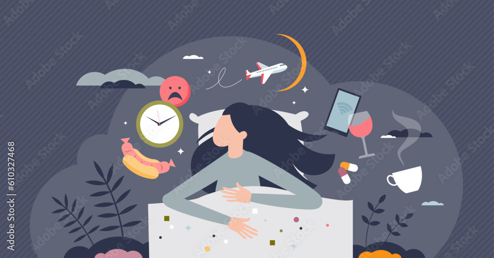 Insomnia causes and trouble with sleeping at night tiny person concept ...