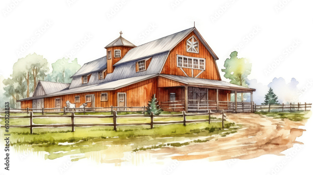 Red farm house barn. Watercolor illustration landscape white isolated ...