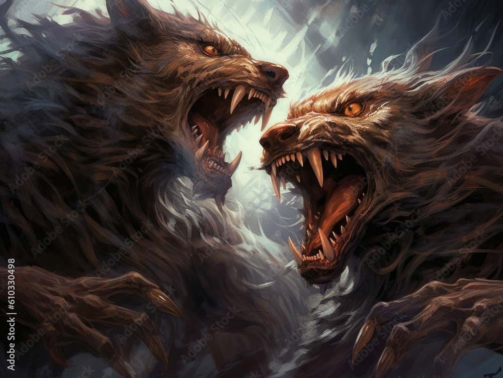 Two werewolves locked in a snarling battle the air itself seeming to ...