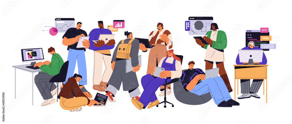 Coders, software engineers team at work. Programmers coding, developing ... Coders, software engineers team at work. Programmers coding, developing ...