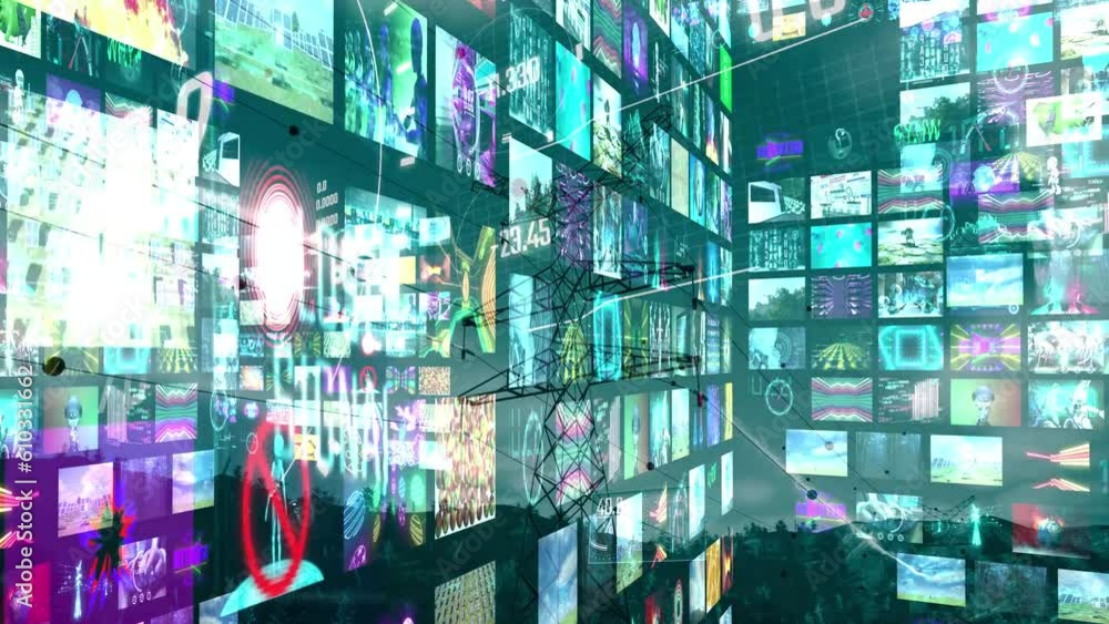 scifi collage montage with many video walls and transmission tower in ...