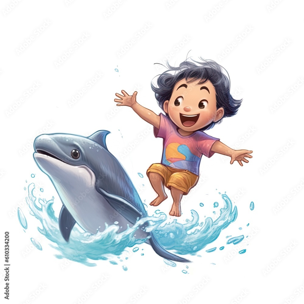 Cute boy 3D style, swimming with my dolphin friend - generative AI ...