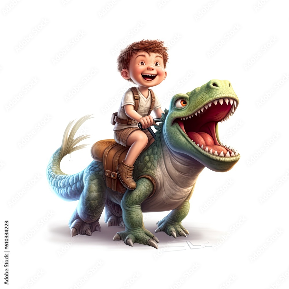 Cute boy 3D style, riding my favorite dinosaur - generative AI ...