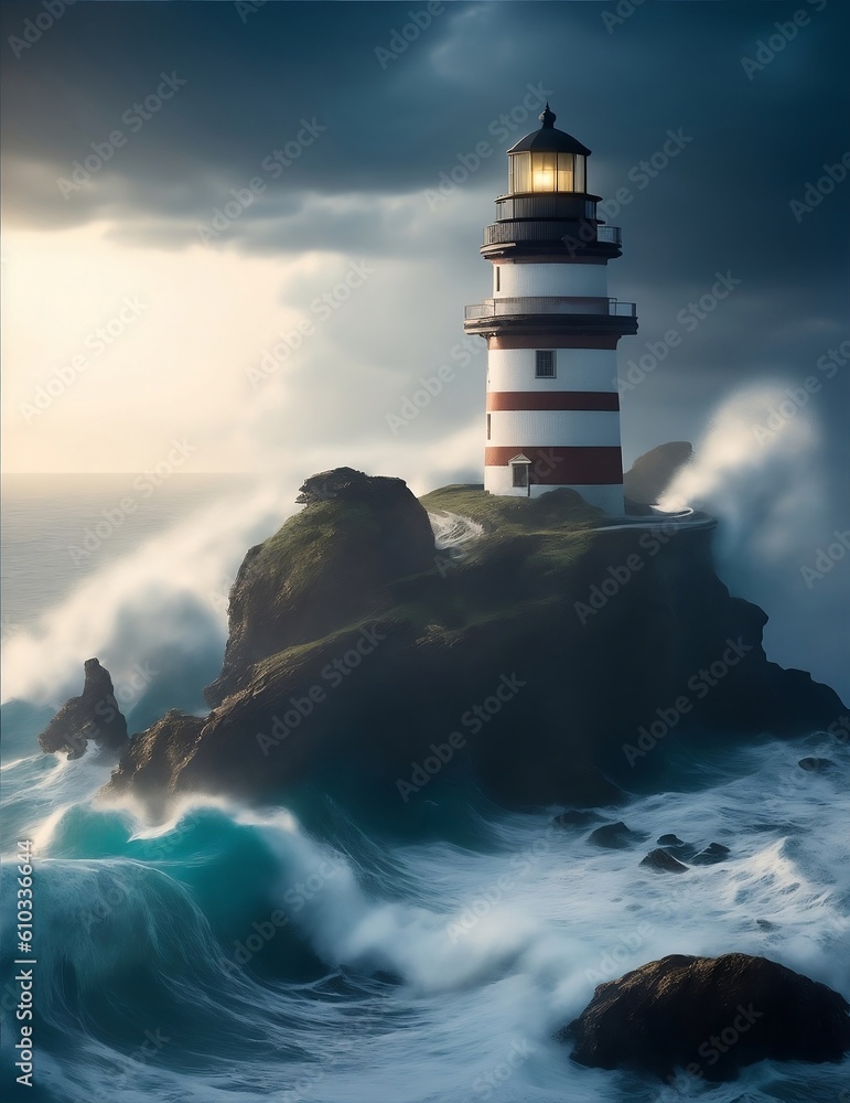 storm, big ocean waves break on the old lighthouse on the rock ...