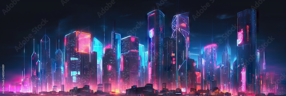 Cyberpunk cityscape. Futuristic night in digital town. Neon lights. Sci ...