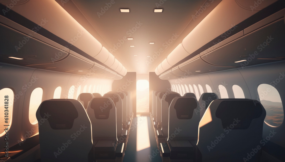interior of an airplane with lens flare and sunlight with defocused and ...