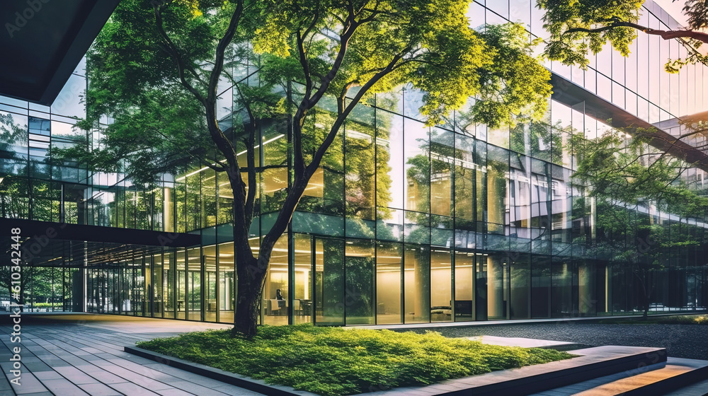 modern office building with green trees Stock Illustration | Adobe Stock