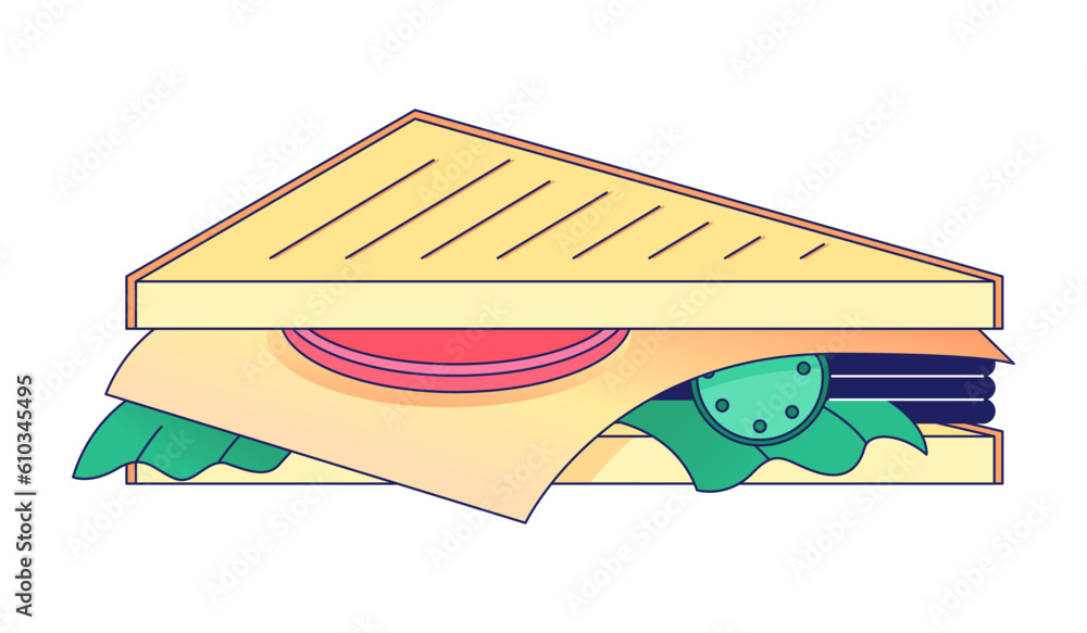 Sandwich ham cheese flat vector cartoon icon. Breakfast toast filled ...