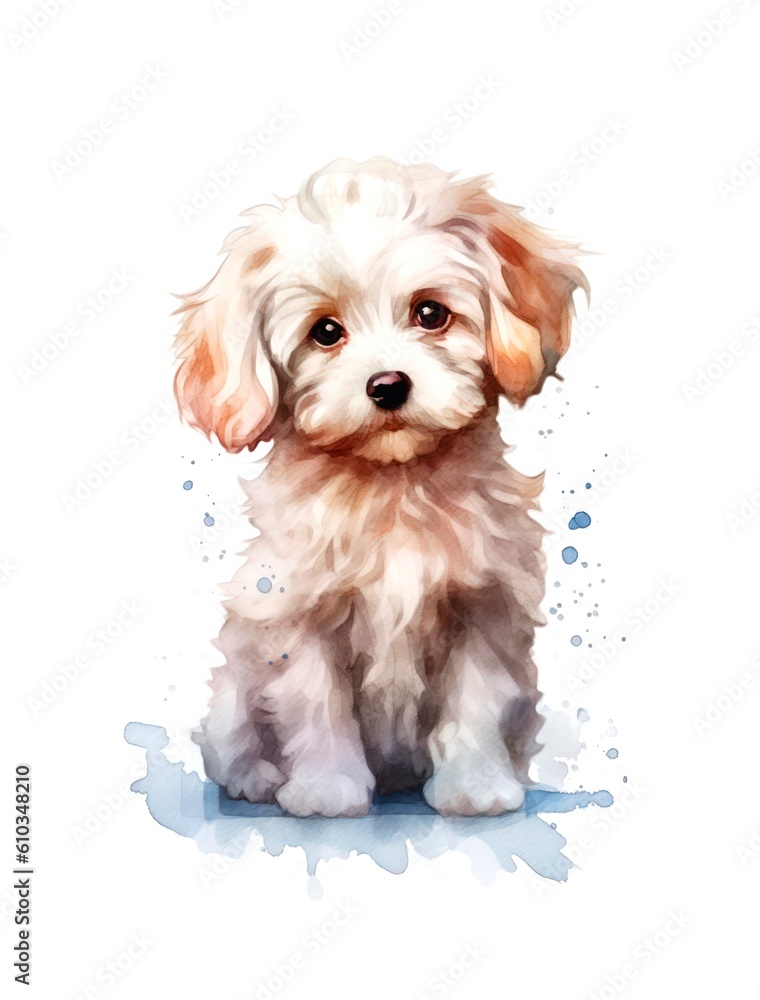 Watercolor cartoon illustration of a cute Maltipoo puppy on white ...