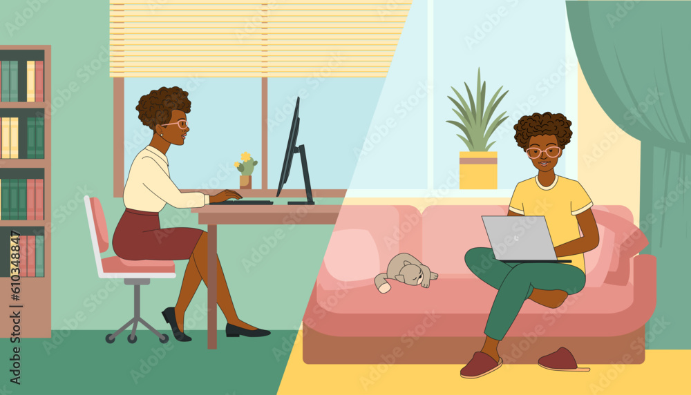 Business dark-skinned woman at a hybrid job sits at a table between ... Business dark-skinned woman at a hybrid job sits at a table between ...