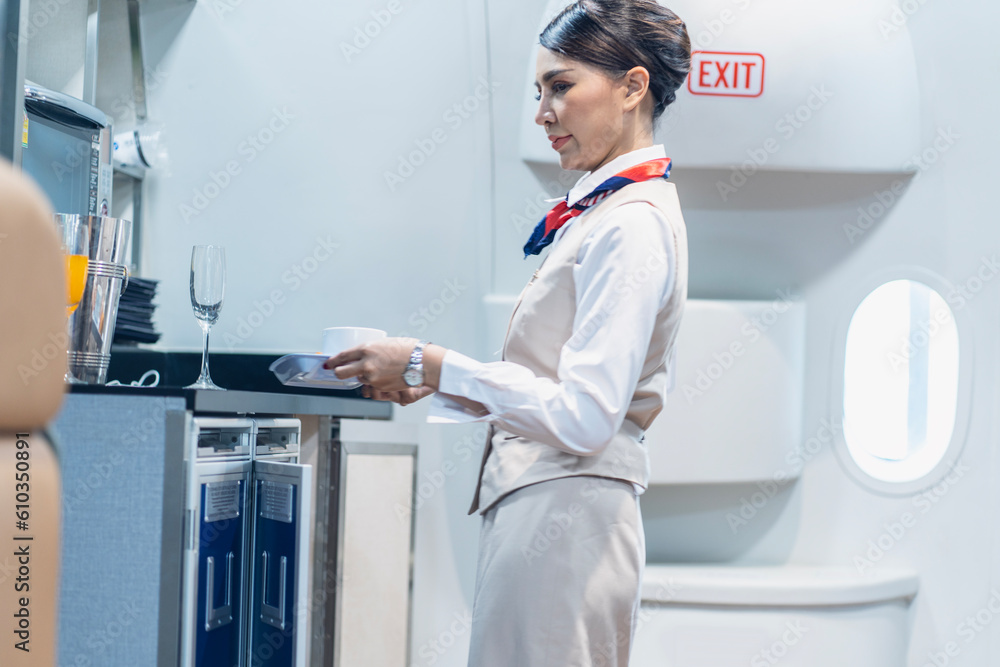 Female flight attendants wearing uniforms prepare trays serving food ...