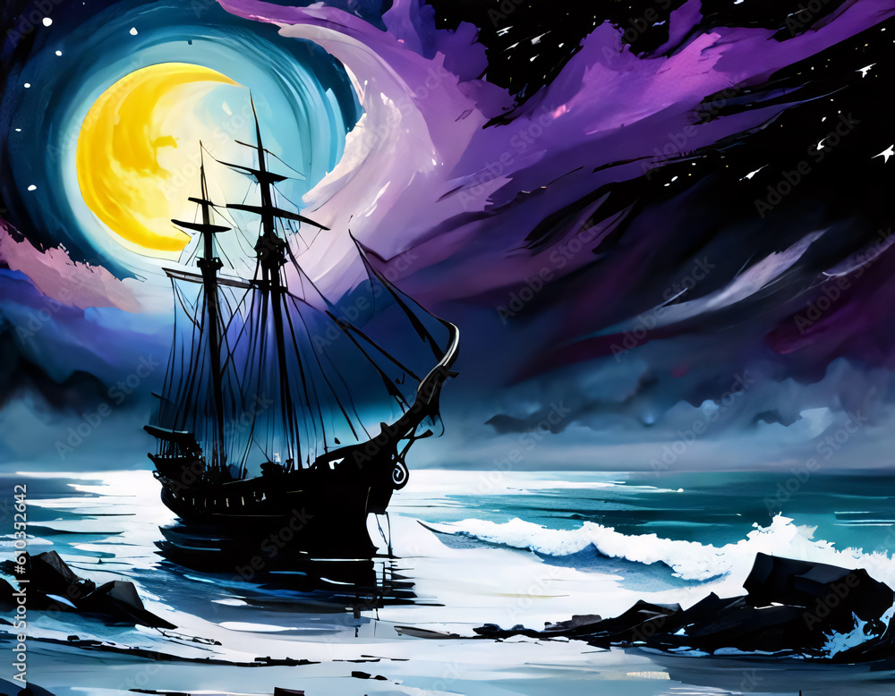 Colorful pirate ship sailing in the dark sky with a bright moon Stock ...