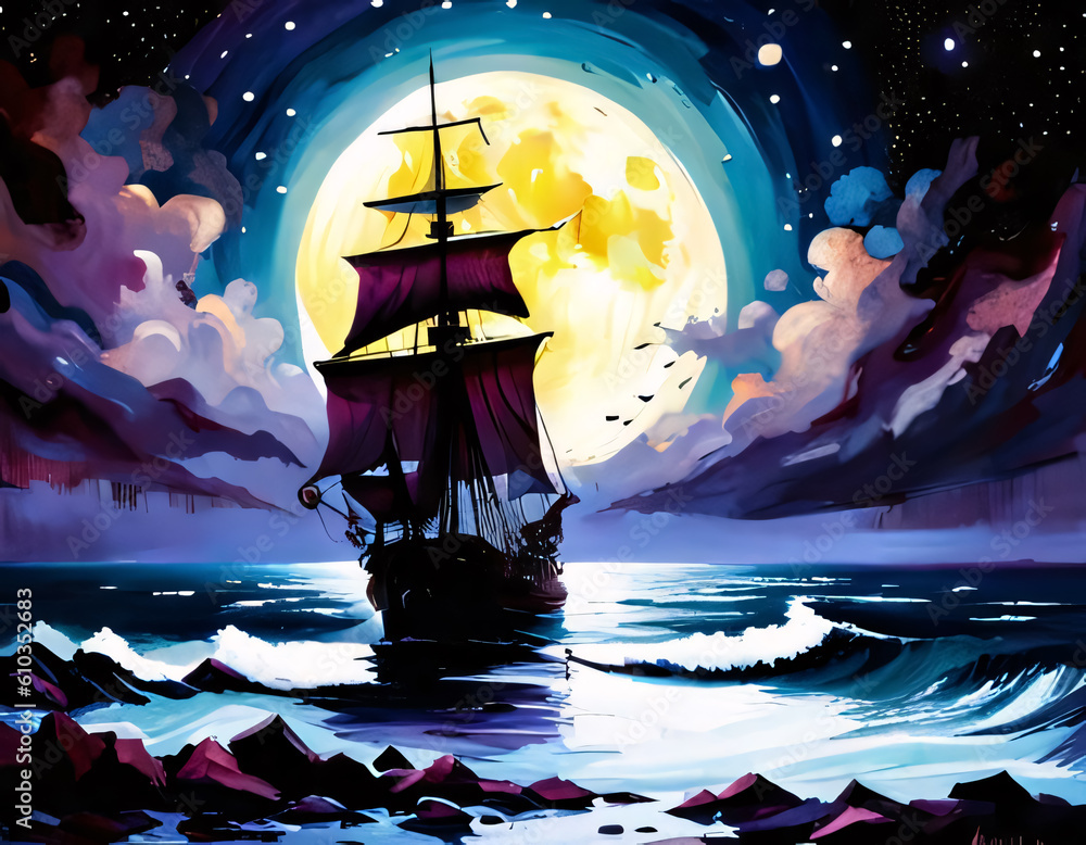 Colorful pirate ship sailing in the dark sky with a bright moon Stock ...