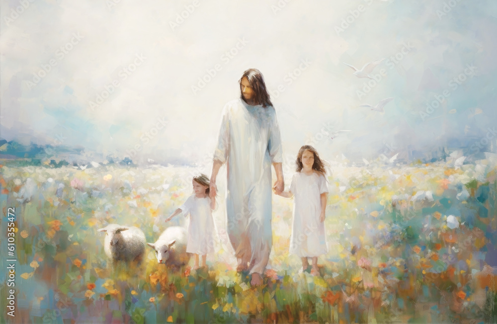 Illustration of Jesus Christ and sheep and happy children walking in a ...