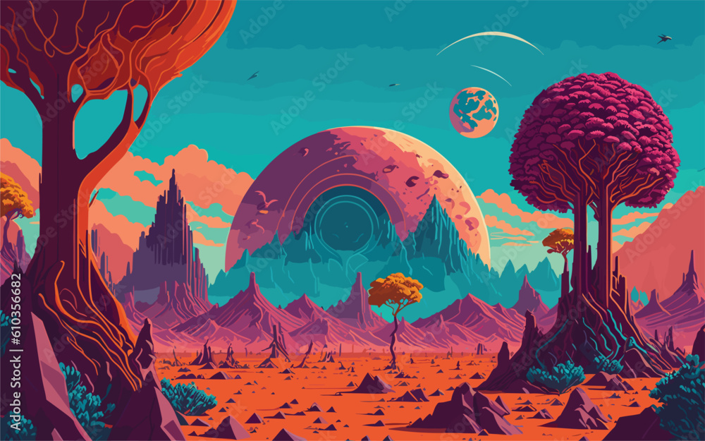 complex vector-style background image depicting an alien planet, with ...