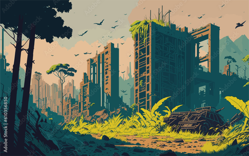 complex vector-style background image depicting a post-apocalyptic ...