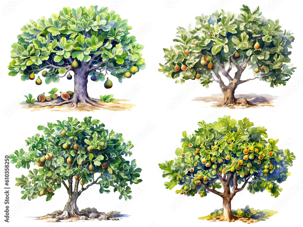 Collection of watercolor fig tree isolated on white background. PNGs ...