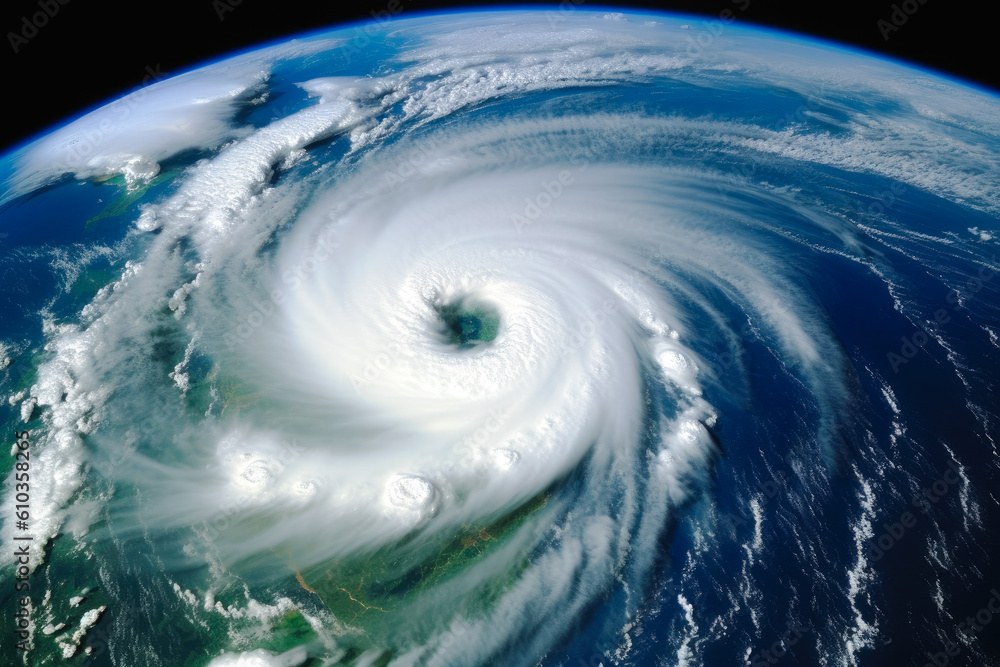 Typhoon covering a part of the earth pictured from the space with a ...
