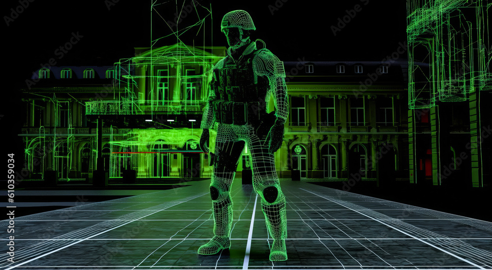 3D simulation of an armed soldier walking through a hostile city of ...