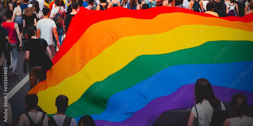 Pride parade people and big rainbow flag. LGBTQ pride. AI generated ...