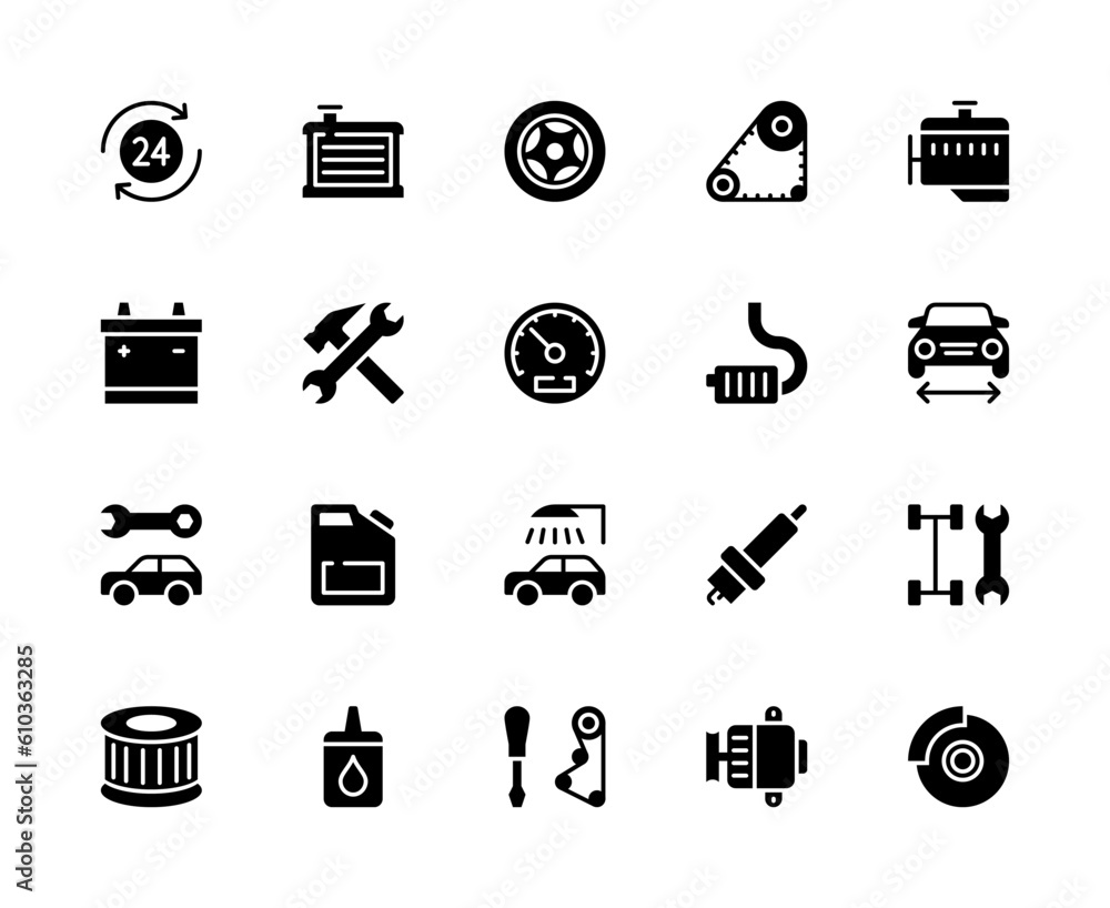 Auto repair vector silhouette icons set. Isolated icon collection ...