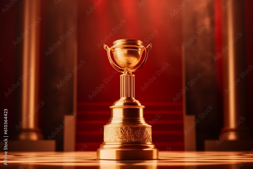 World's Cup sport winner statue, front view of metalic golden goblet ...