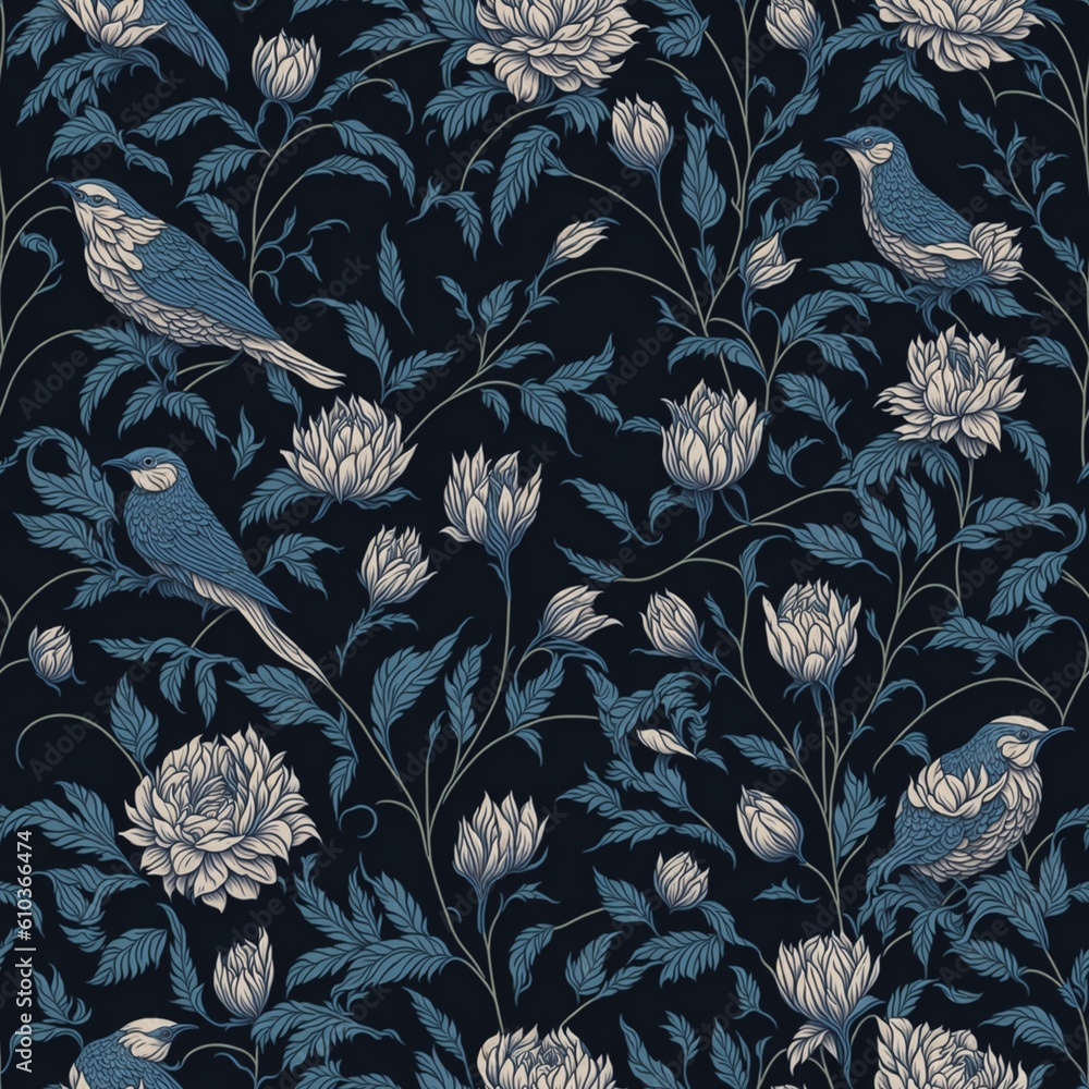 Seamless patterns of flowers and birds, dark, symmetrical, interlocking ...
