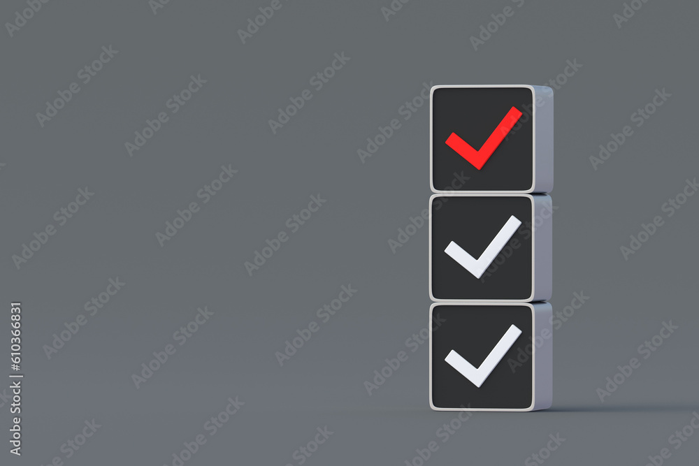 Complete failure. Red check mark on button. Incorrect choice concept. Wrong decision. Negative ...