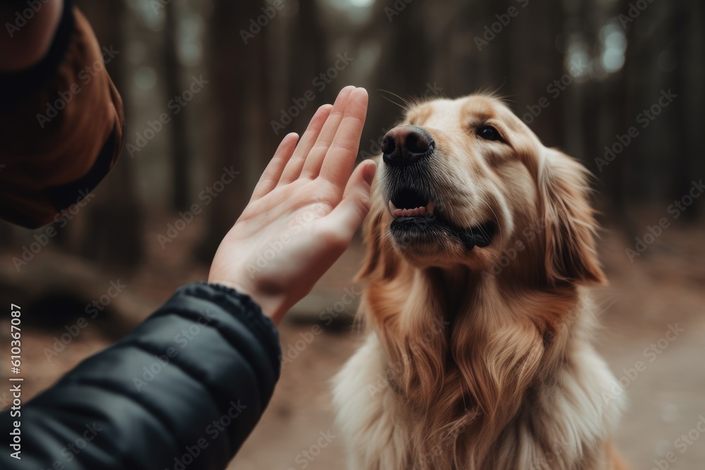 Cute Golden Retriever in the forest playing with human hand, A man high ...